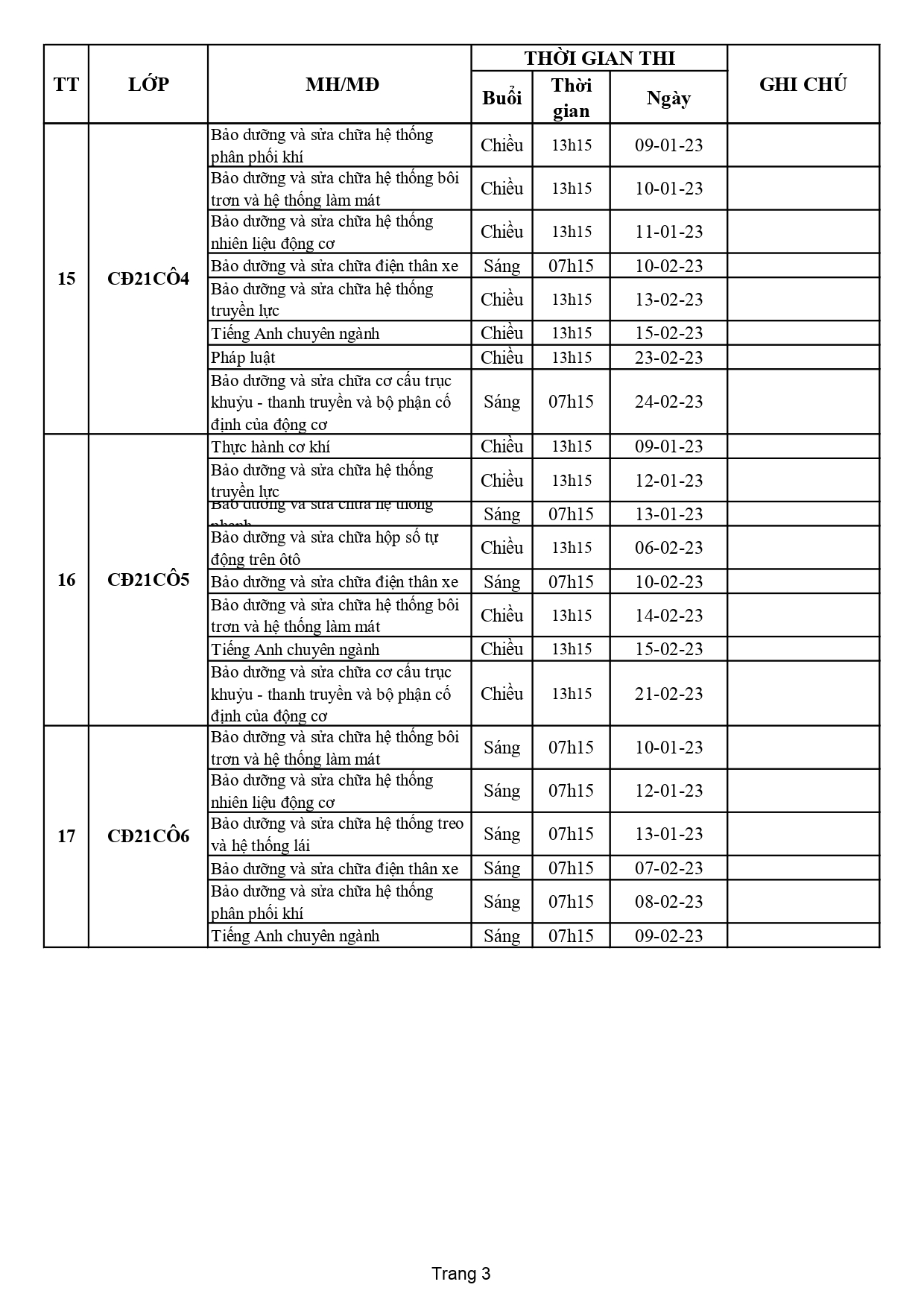 Lịch thi kết thúc môn học, mô đun lần 1 học kỳ I năm học 2022 - 2023